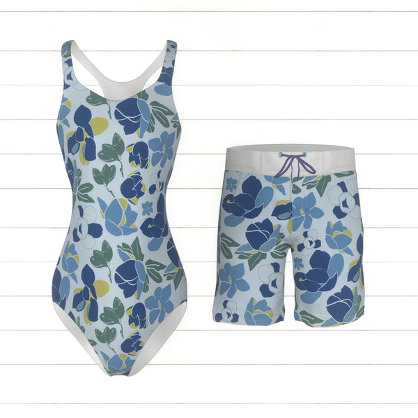 Blue magnolia light blue background - Raspberry Creek Fabrics