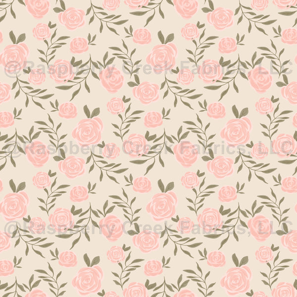 Pink Watercolor Rose Garden, pastel pink and olive green leaf branches ...