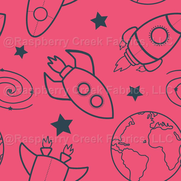 Space Girl - Playful Retro Rockets on Bright Pink - Raspberry Creek Fabrics