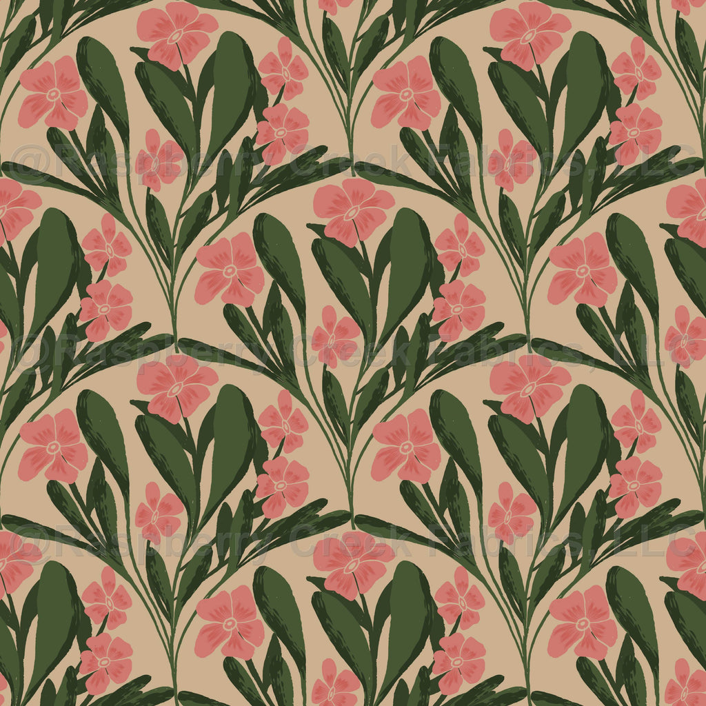 Five textured pink flowers in a scalloped shape pattern with neutral c ...