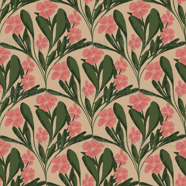 Five textured pink flowers in a scalloped shape pattern with neutral c ...