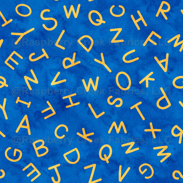 Watercolor alphabet-blue and yellow - Raspberry Creek Fabrics