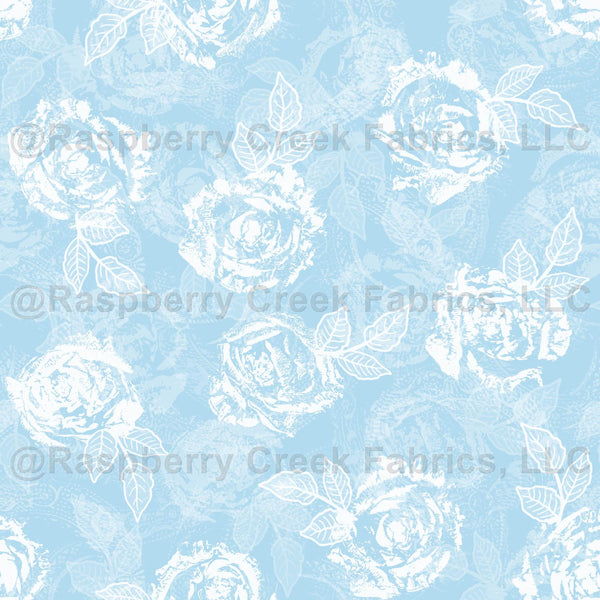 Rose Prints and Leaves in Layers on Light Blue Lace Texture - Raspberry ...