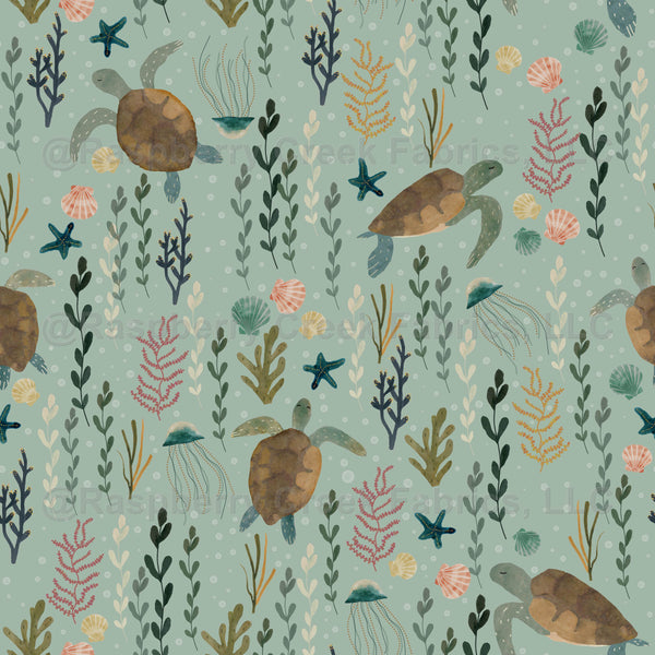 Under the sea - Sea Turtles brown shell in blue - Raspberry Creek Fabrics