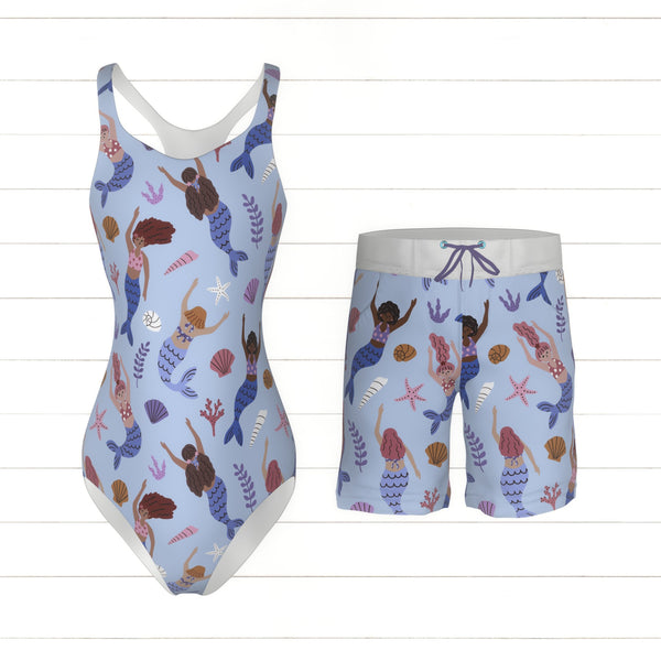 Swimming mermaids and shells - blue - Raspberry Creek Fabrics