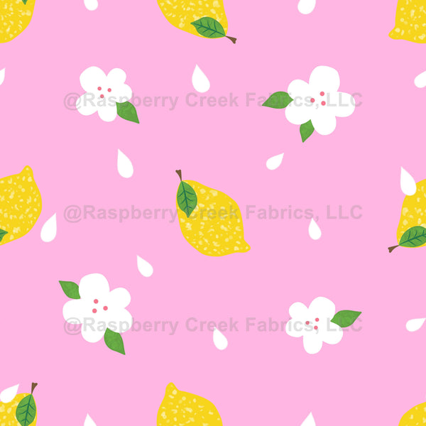 Fun pink girly lemon with white blossom pattern - Raspberry Creek Fabrics