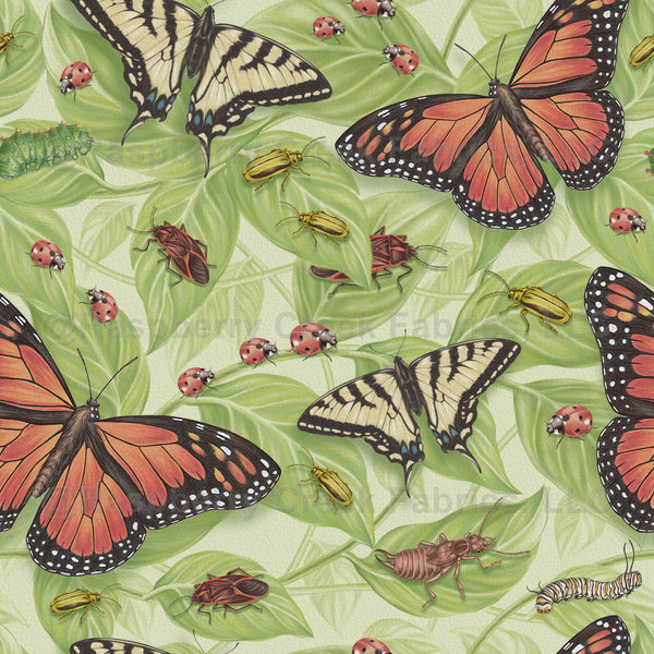 A collection of realistic hand-painted multicoloured insects arranged ...