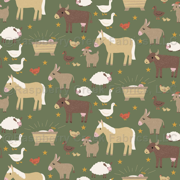 Nativity Stable animals and Baby Jesus on Green - Raspberry Creek Fabrics
