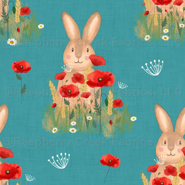 “Poppy” cute rabbit design with poppies and wild flowers on a turquois ...
