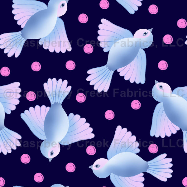 Flying blue birds and pink polka dots on dark blue background ...