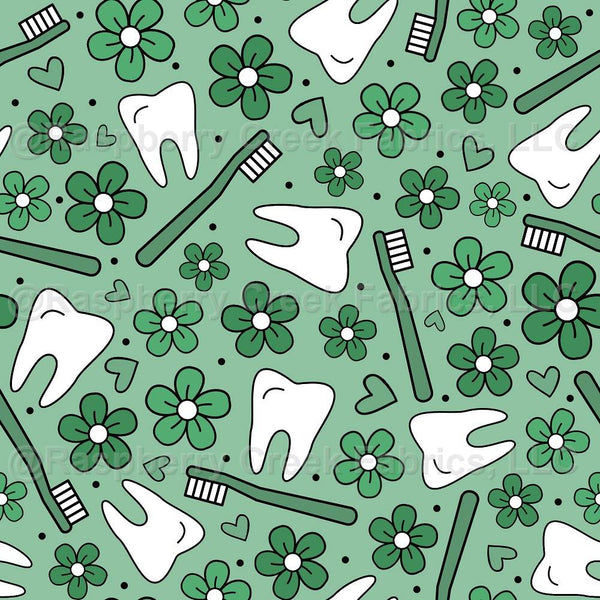 White Teeth and Toothbrushes Green Floral - Raspberry Creek Fabrics
