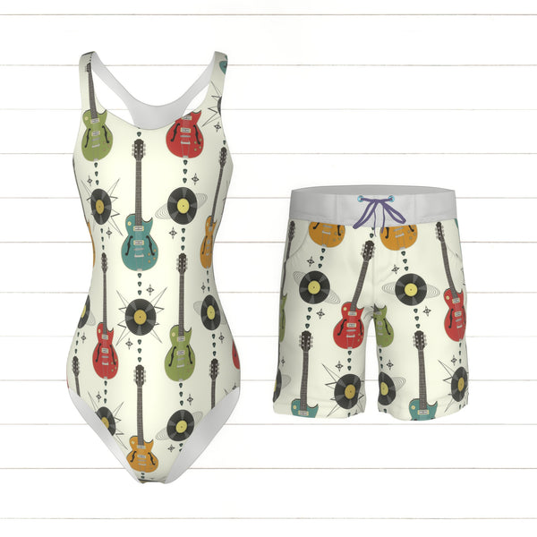 Retro Rockabilly Guitars and Records - Green, Blue, Sunburst, and Red ...