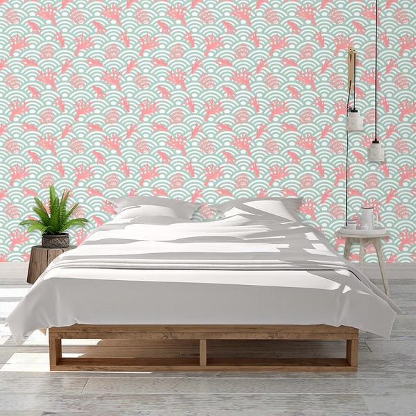 Preppy Coral and mint seigaiha waves wallpaper - Raspberry Creek Fabrics