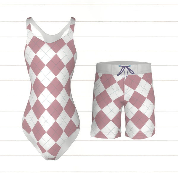 Preppy Pink and White with Light Blue Line Argyle - Raspberry Creek Fabrics