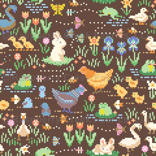 Cute Spring Pixel Art Animals and Flowers, Cottagecore Folk Art, Brown ...