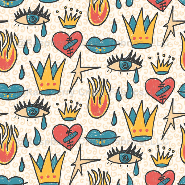 Punk rock girly doodles with crown heart - Raspberry Creek Fabrics