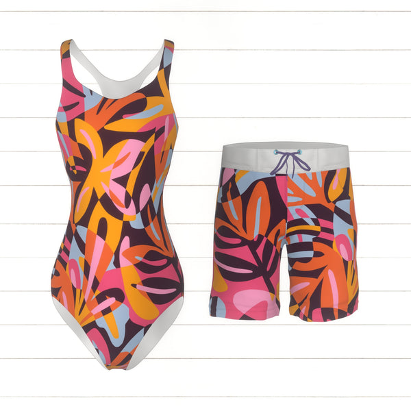 Orange and pink maximalist leaves shapes - paper cut overlapping tropi ...