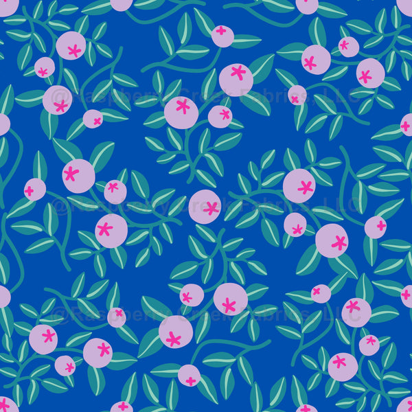Rainbow blueberries on electric blue background - Raspberry Creek Fabrics