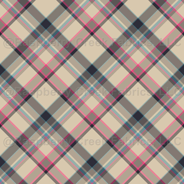 Pink Blue Tan Gray Neutral Diagonal Plaid - Raspberry Creek Fabrics