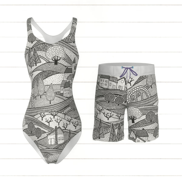 village modern toile - monochrome - black and white - Raspberry Creek ...