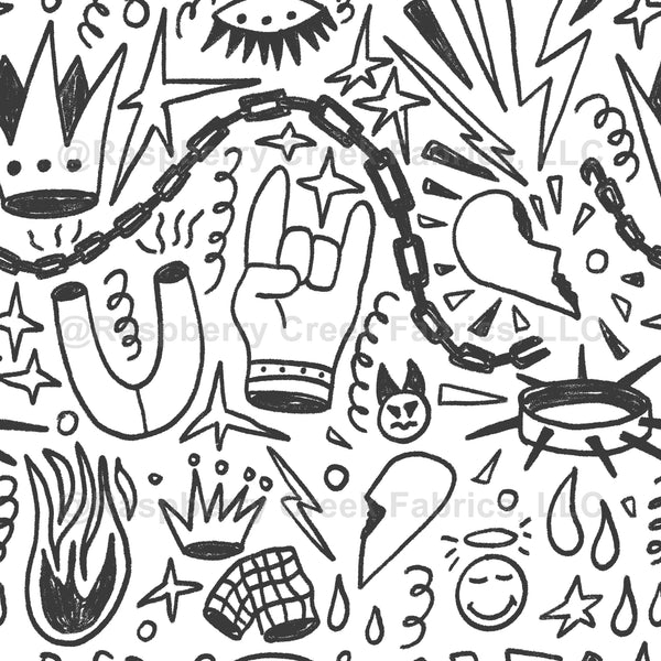 Punk rock black and white doodles - Raspberry Creek Fabrics