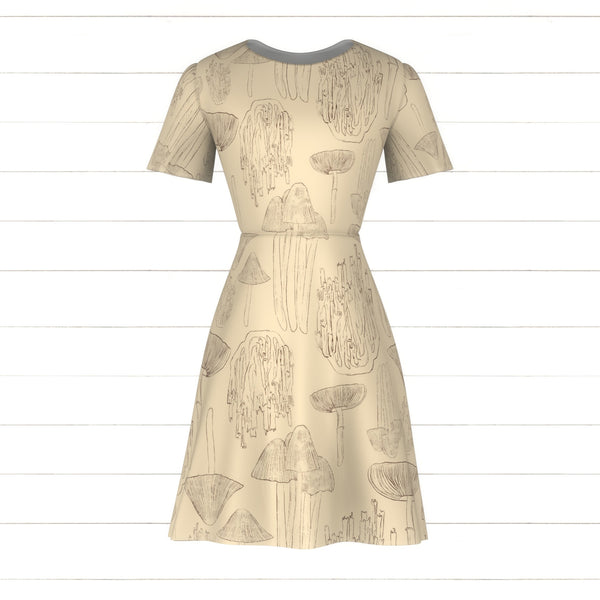 cottagecore style - hand drawn mushrooms outlines in brown on beige ba ...