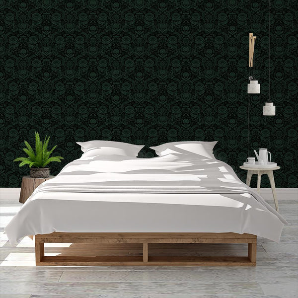 Victorian Floral Damask - black green Wallpaper - Raspberry Creek Fabrics