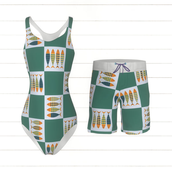 Checkerboard sardines - an ocean aesthetic themed print on a checkered ...