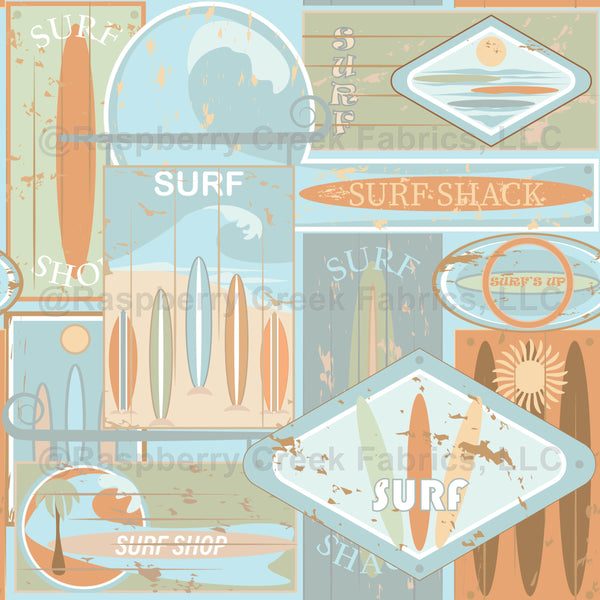 Sun-bleached, Surfboard, Surf Shack Signs - Raspberry Creek Fabrics