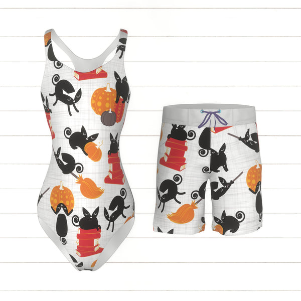 Busy Halloween Black Cats // white background black kitties orange red ...