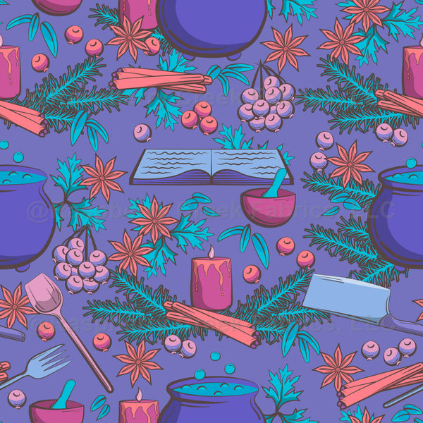 Witch's cursed cauldron in purple. - Raspberry Creek Fabrics
