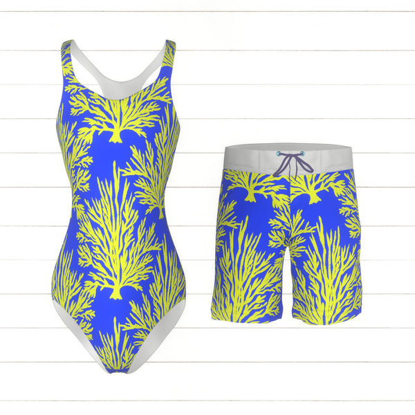 Coral, bright blue, yellow, swimwear, home, family, ocean, coordinate ...