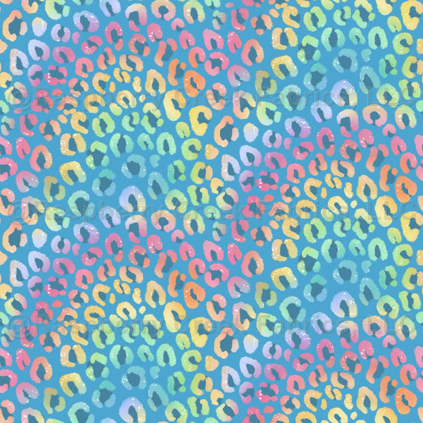 Pastel Rainbow Leopard Print on Electric Blue - Raspberry Creek Fabrics