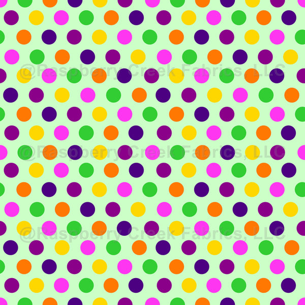 Mardi Gras Parade Polka Dots on Pastel Green - Raspberry Creek Fabrics
