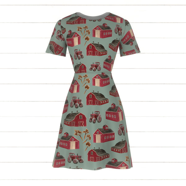 Red Barns and Tractors - Blue Background - Raspberry Creek Fabrics