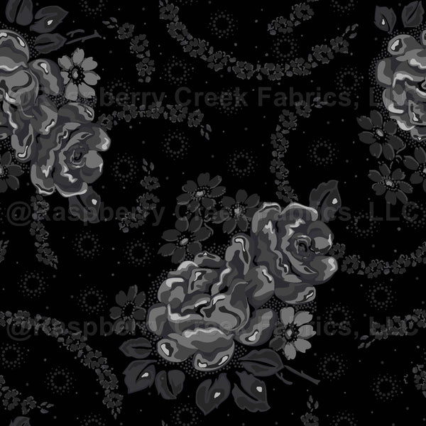 Vintage black rose fabric with charcoal gray roses and ditsy flowers ...