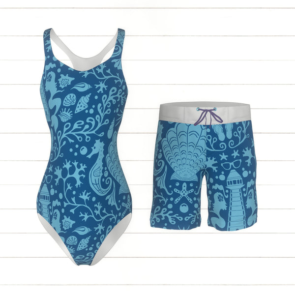 summer beach damask on cornflower blue - Raspberry Creek Fabrics
