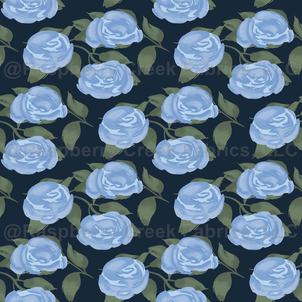 Textural hand painted blue rose garden with light blue roses and deep ...