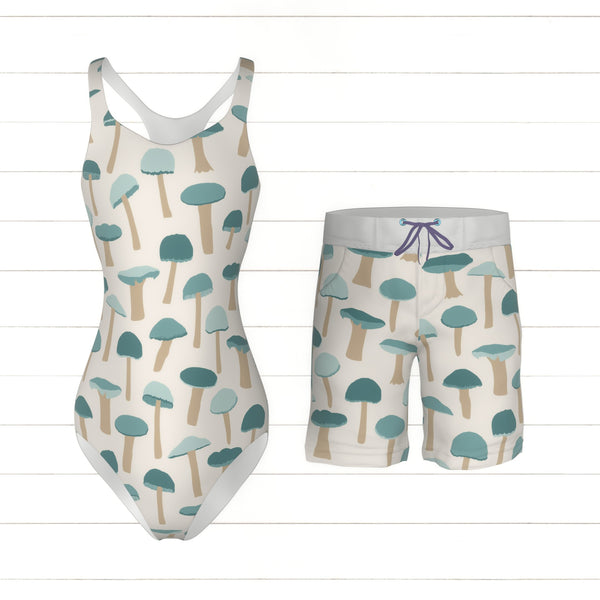 Toadstool (Teal on Cream) (LARGE 12-48" wide repeat options ...