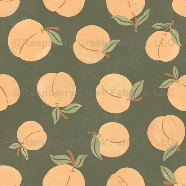 Hand-Drawn Peach Pattern – Warm Fruit Design on Deep Moss Green ...