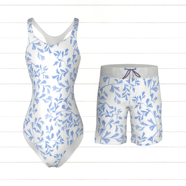 Fishtail Palms Blue on White in the Aquatic Swim collection - Raspberry ...