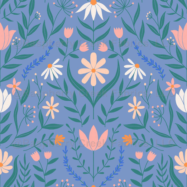 Symmetrical Flowers - Periwinkle - Raspberry Creek Fabrics