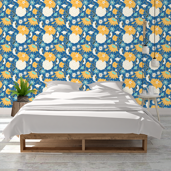 Blue, yellow and white vintage maximalist floral wallpaper - Raspberry ...