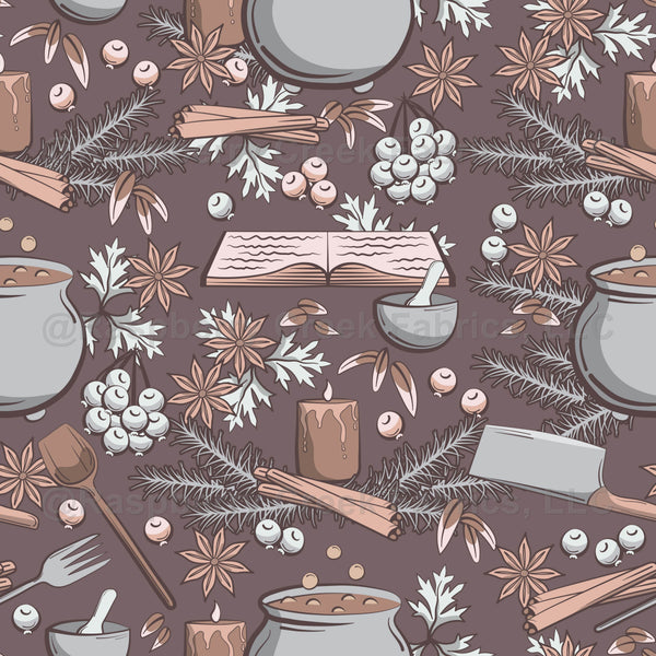 Witch's cursed cauldron in vintage berry. - Raspberry Creek Fabrics