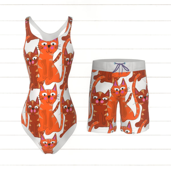 Hank and Larry, Orange Tabby Cats Illustration Pattern, White Backgrou - Raspberry Creek Fabrics