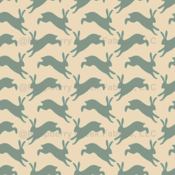 Herringbone sage green rabbits on vanilla - Raspberry Creek Fabrics