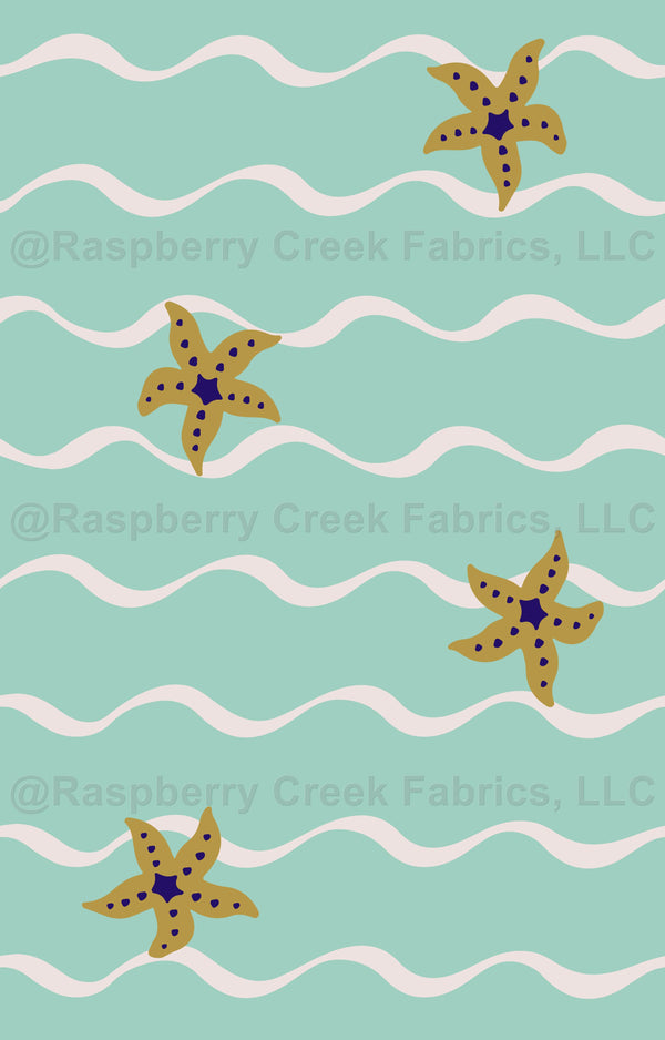 Golden Sea Stars on Sea Waves Coastal Pattern - Raspberry Creek Fabrics