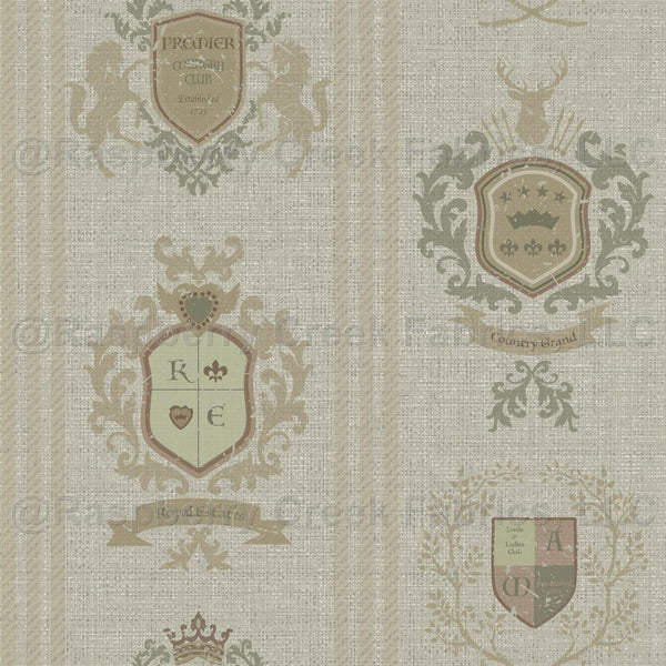 country club crests on tweed look with stripes, Neutral tweed with cre ...