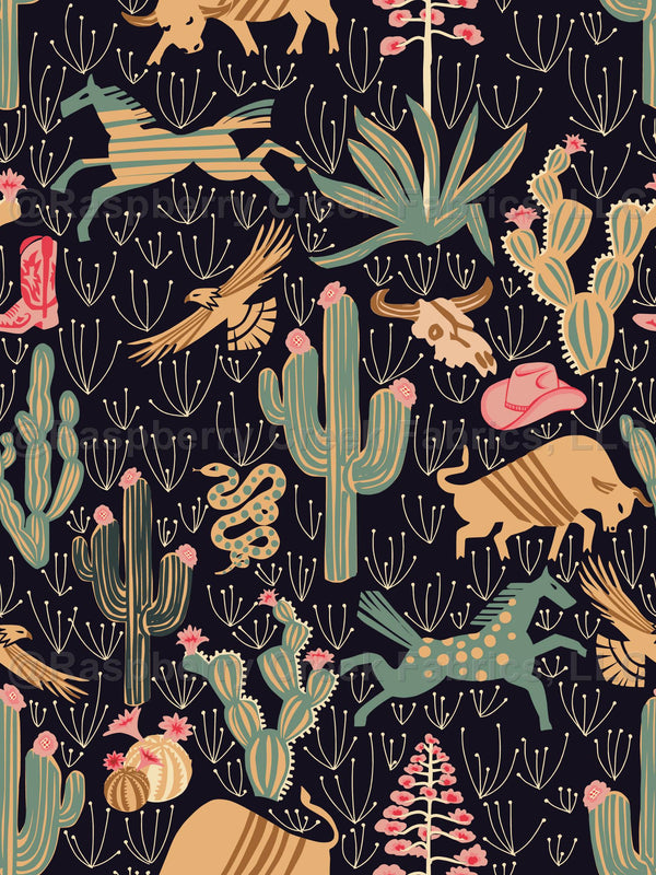 Western Americana by night, Modern western style pattern: desert at ni ...