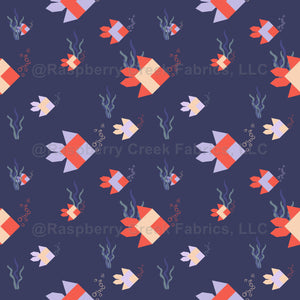 Underwater world with the fish motif design Oxford Blue - Raspberry ...